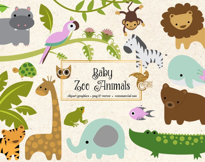 Baby Zoo Animals Clipart PNG and Vector Clip Art Set - Etsy