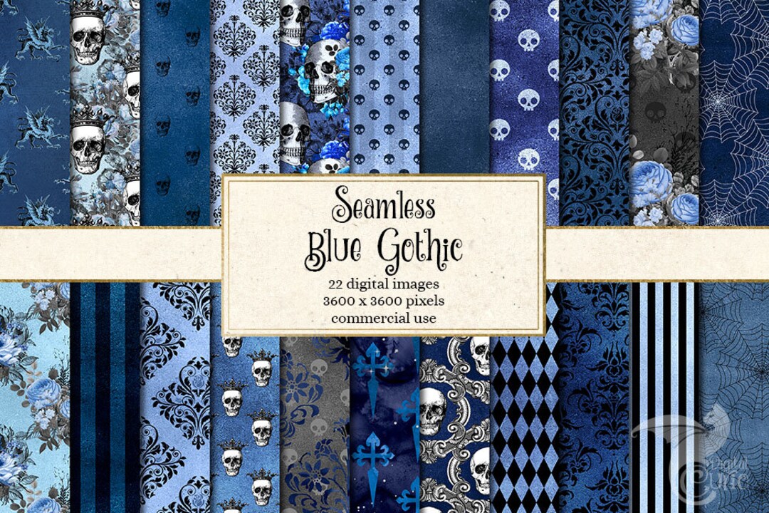 Seamless Blue Gothic Digital Paper, Skull Damask Halloween Scrapbook ...