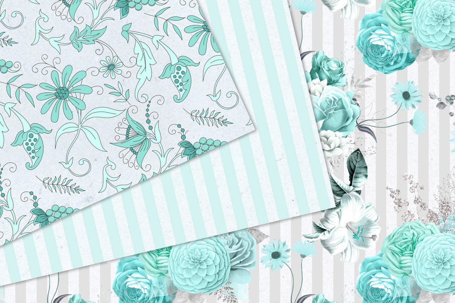 Turquoise Floral Digital Paper Seamless Backgrounds With Aqua - Etsy