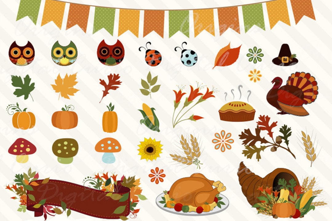 Thanksgiving Clipart Set, Autumn Banners, Turkey, Pumpkin (vector, PNG ...