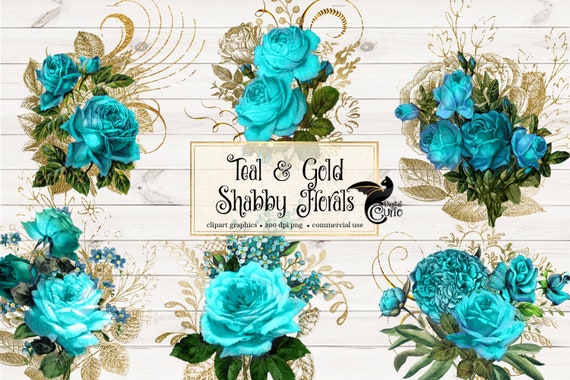 Teal and Gold Shabby Floral Clip Art digital instant download | Etsy