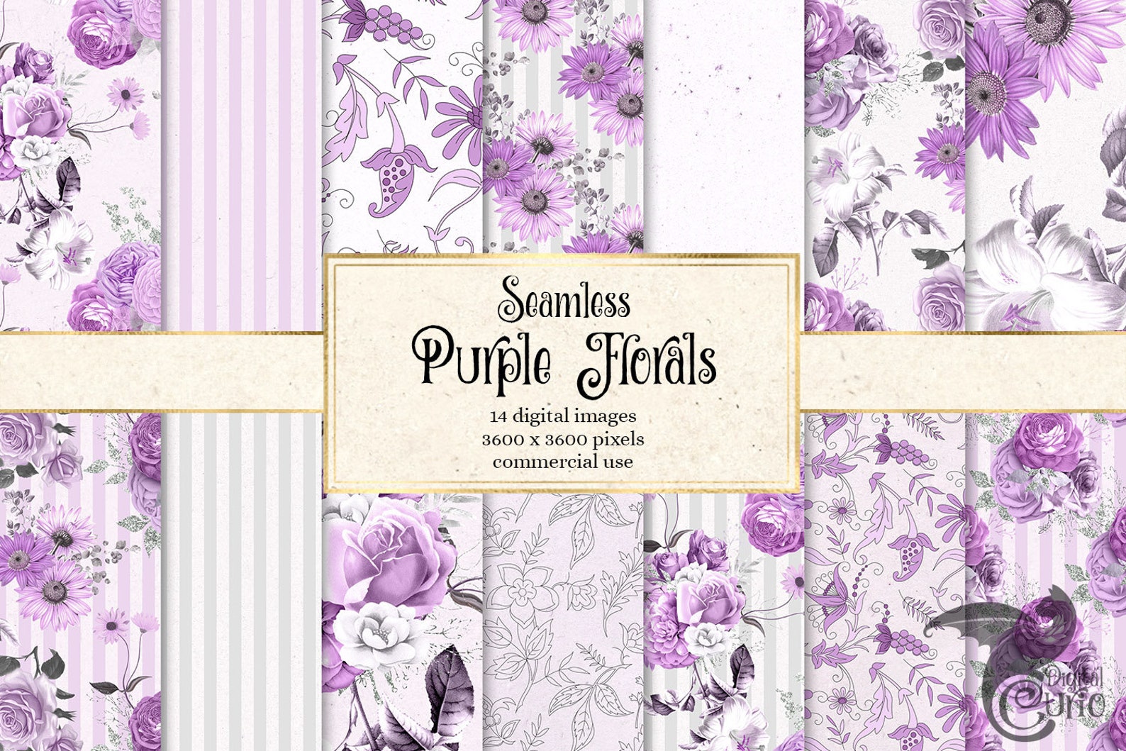 Purple Floral Digital Paper, Seamless Flower Bouquet Backgrounds ...