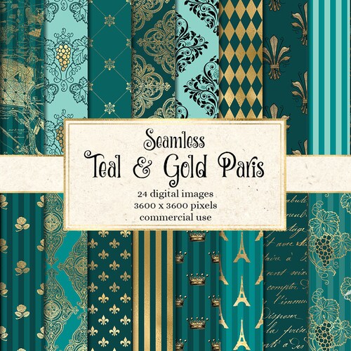 Turquoise and Gold Peacock Digital Paper Teal Seamless Aqua - Etsy