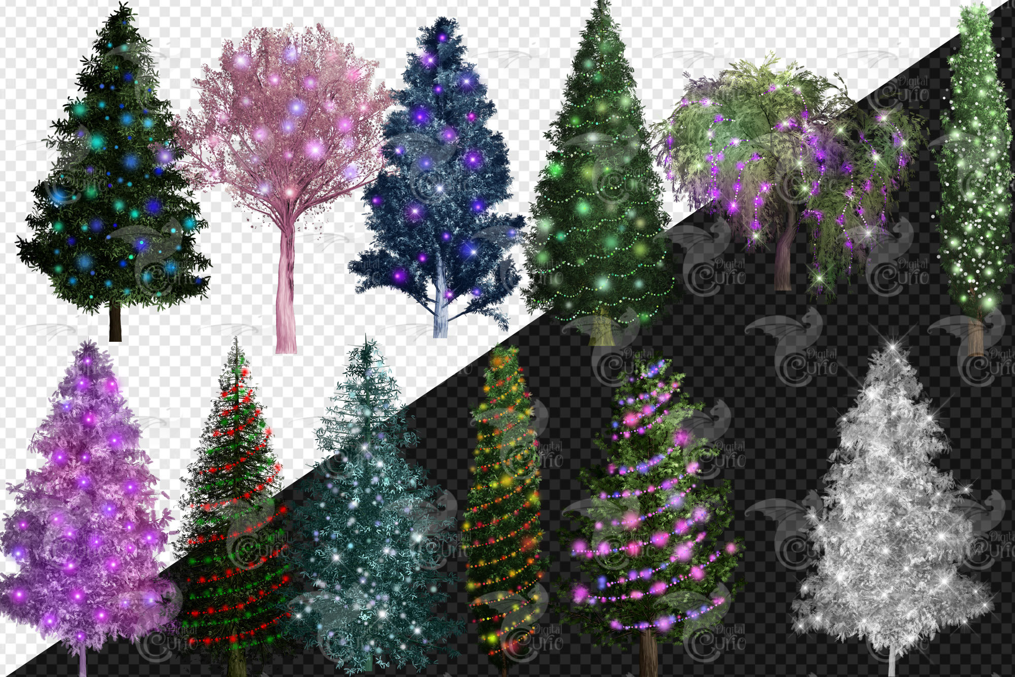 Christmas Trees Clipart – Holiday Lights PNG Graphics (digital Download ...