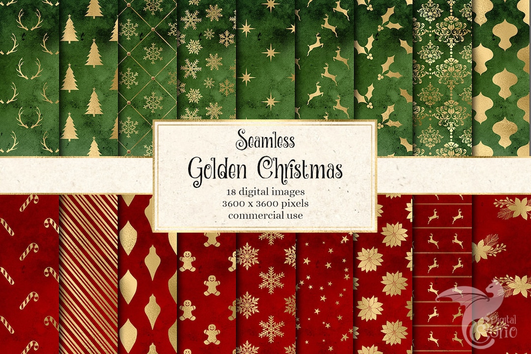 Golden Christmas Digital Paper, Seamless Backgrounds and Patterns ...