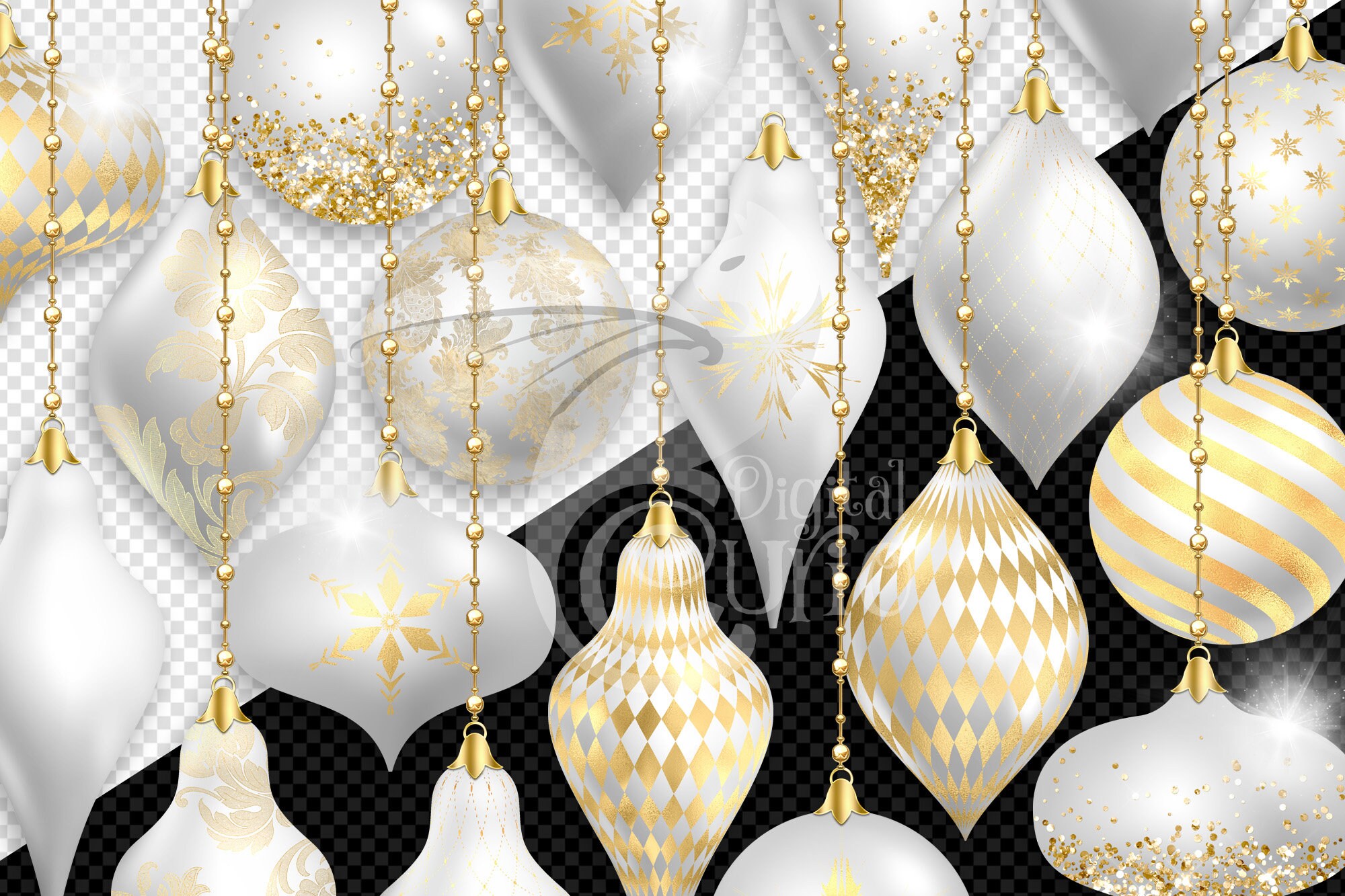 White and Gold Christmas Ornaments Clipart, Glitter Ball PNG (digital ...