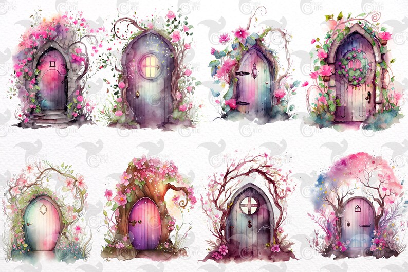 Watercolor Pink Fairy Doors Clipart Fantasy Magic Door - Etsy