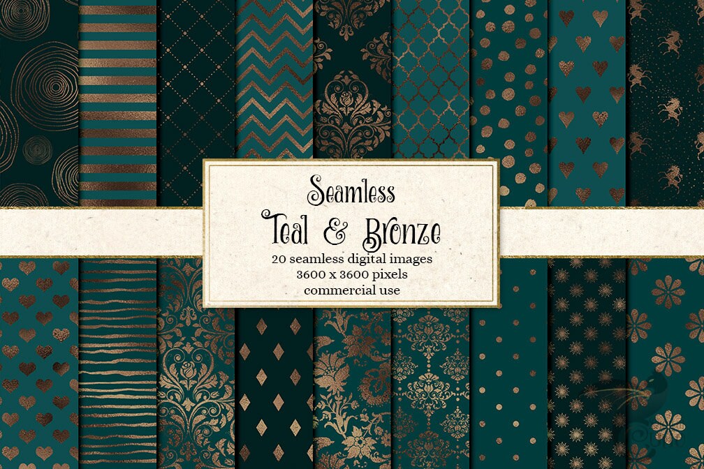 Teal and Bronze Digital Paper, Seamless Copper Patterns (digital ...