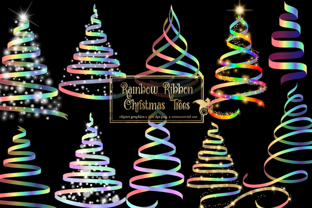Rainbow Ribbon Christmas Tree Clip Art - Digital Holiday Iridescent Png ...