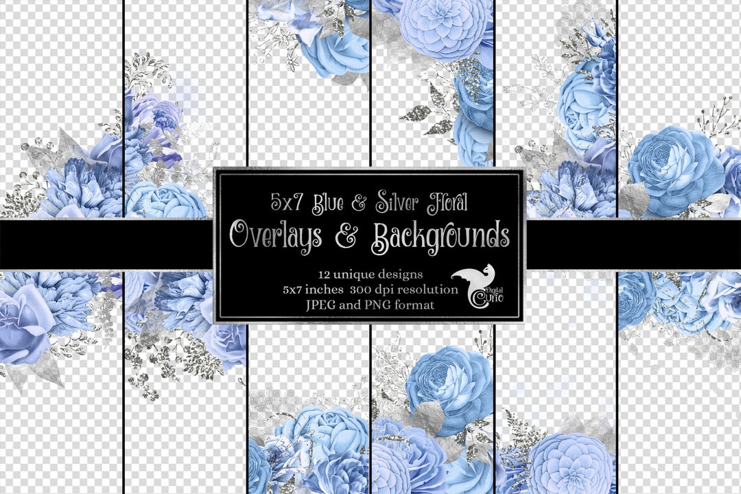 5x7 Blue and Silver Floral Overlays for Invitations, Planners, Journal ...