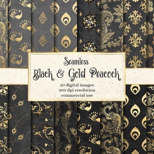 Black and Gold Peacock Digital Paper, Seamless Patterns (digital ...