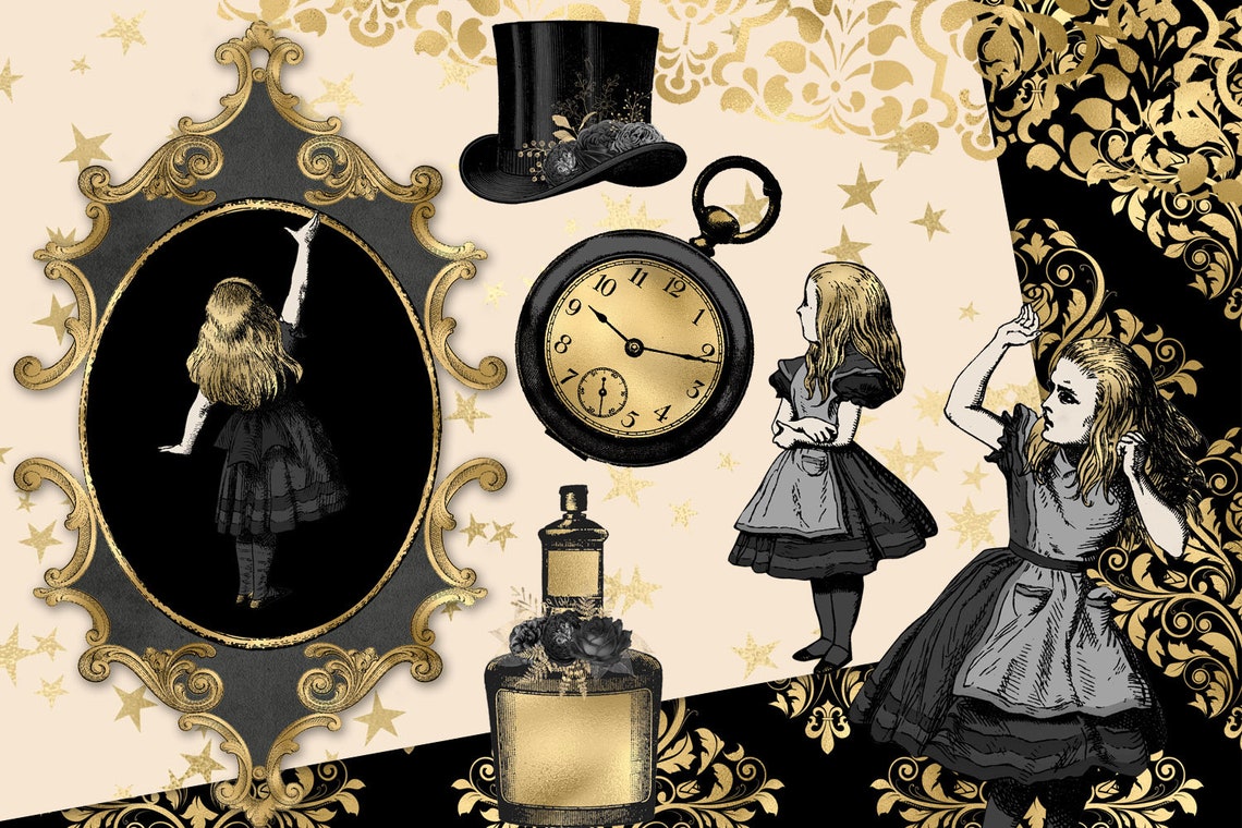 Black and Gold Alice in Wonderland Clipart, Digital Scrapbook Kit ...