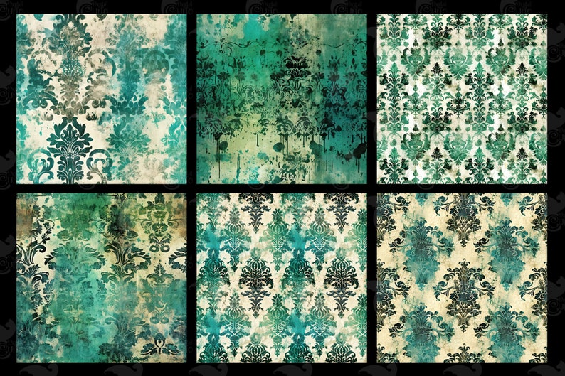 Emerald Green Damask Digital Paper, Distressed Texture (digital ...