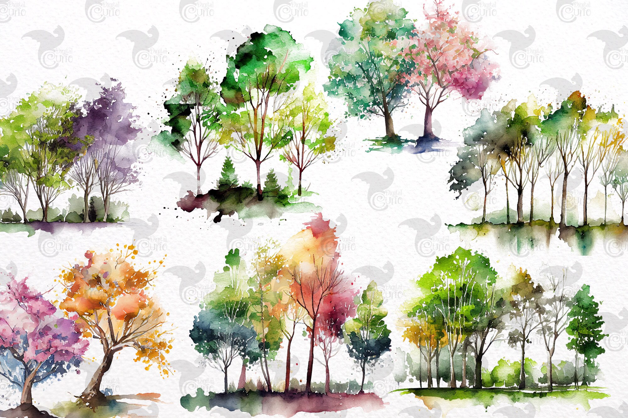 Watercolor Spring Trees Clipart Springtime Blossoms in the - Etsy