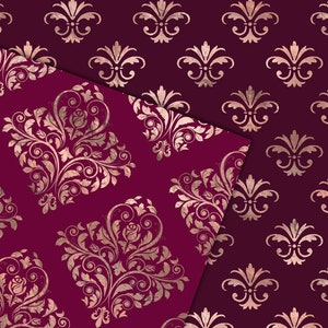 Rose Gold and Burgundy Digital Paper, Wine Seamless Rose Gold Patterns ...