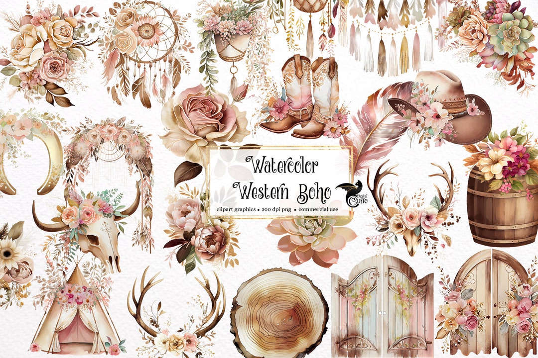 Watercolor Western Boho Clipart - Cowgirl Floral Wedding PNG Format ...