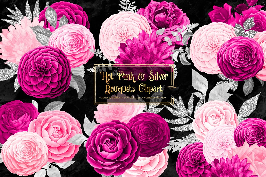 Hot Pink Silver Floral Bouquets Clipart, Wedding Flower PNG (digital ...