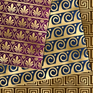Grecian Gold Digital Paper, Seamless Greek Key Patterns and Roman Motif ...