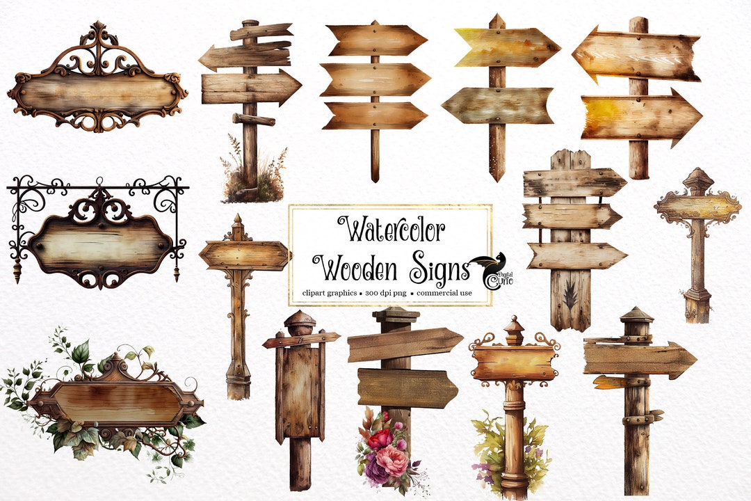 Watercolor Wooden Signs Clipart - Rustic Wood Sign Posts in PNG Format ...