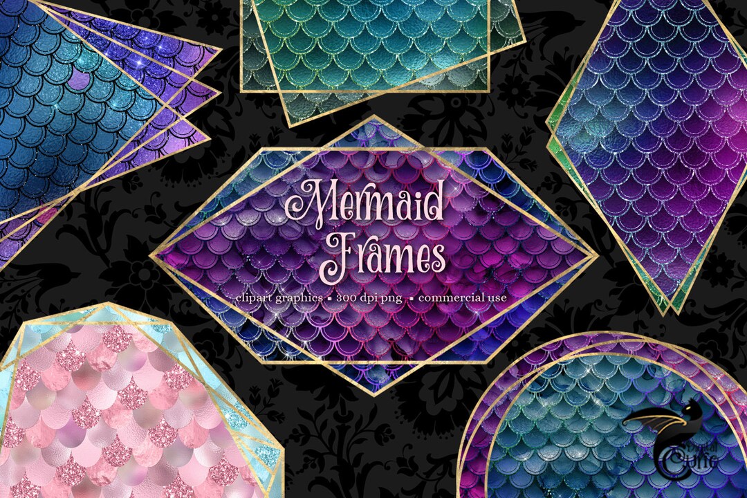 Mermaid Polygonal Frames Clipart, Geometric Gold Frames With Glitter ...