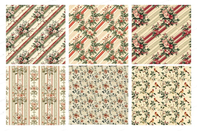 Victorian Christmas Digital Paper, Vintage Red Green Wallpaper Patterns ...