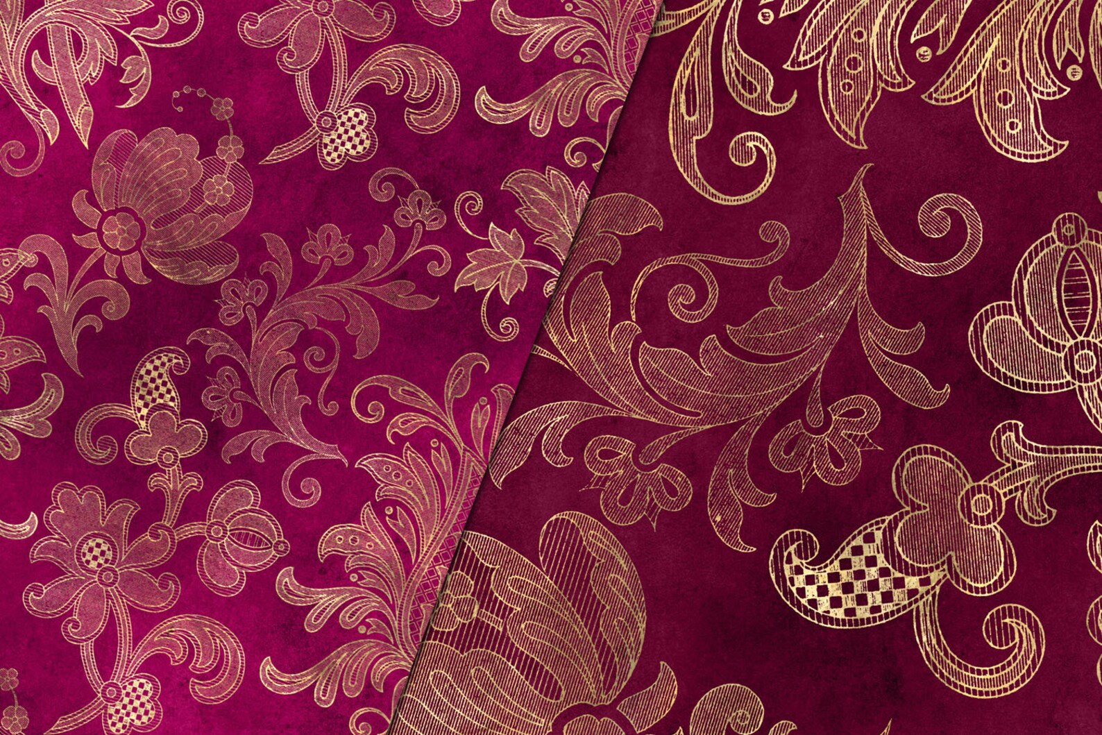 Magenta Floral Velvet Digital Paper Seamless Gold Damask - Etsy
