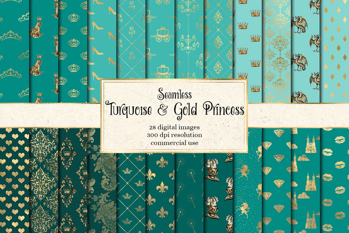 Turquoise and Gold Princess Digital Paper Seamless Teal Aqua - Etsy