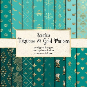 Turquoise and Gold Princess Digital Paper, Seamless Teal Aqua Princess ...