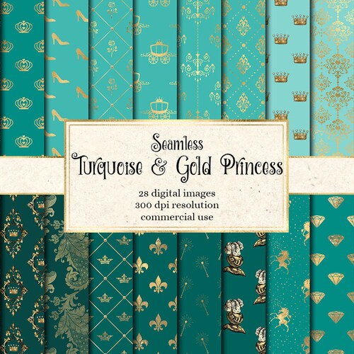 Turquoise and Gold Princess Digital Paper Seamless Teal Aqua - Etsy