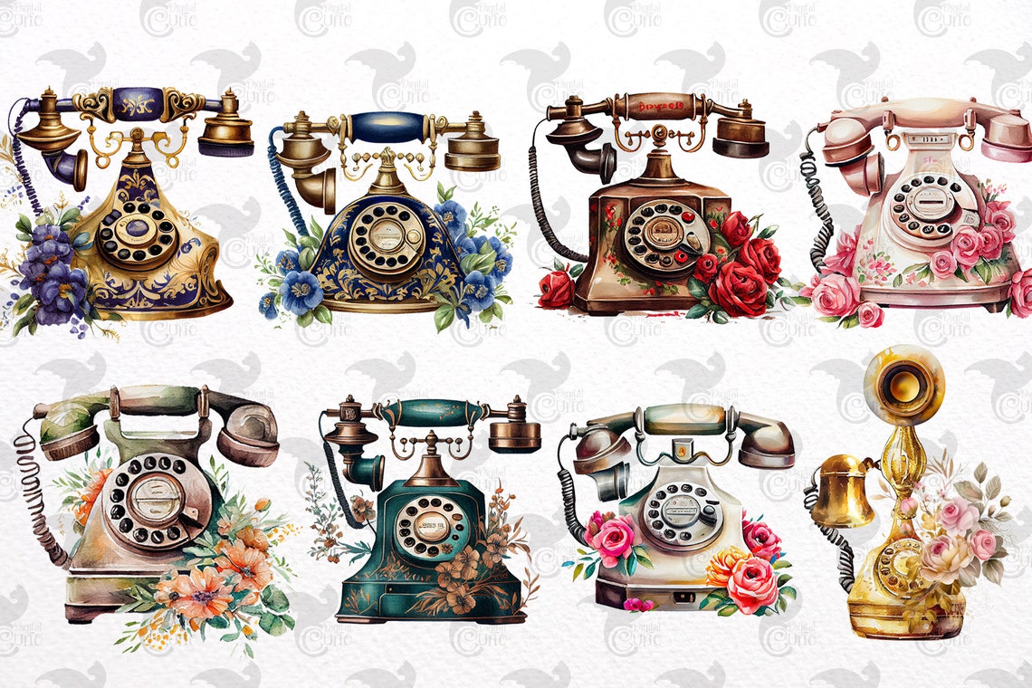 Watercolor Antique Telephones Clipart – Floral Shabby Phone PNG ...
