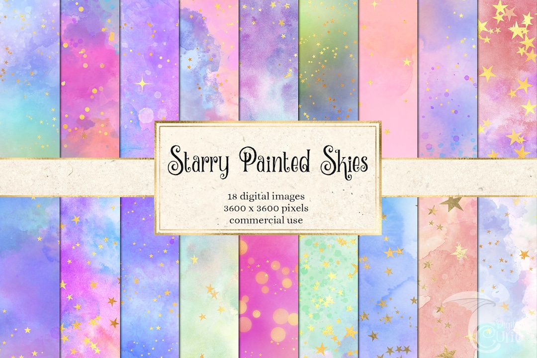 Starry Painted Skies Digital Paper, Gold Stars and Watercolor ...
