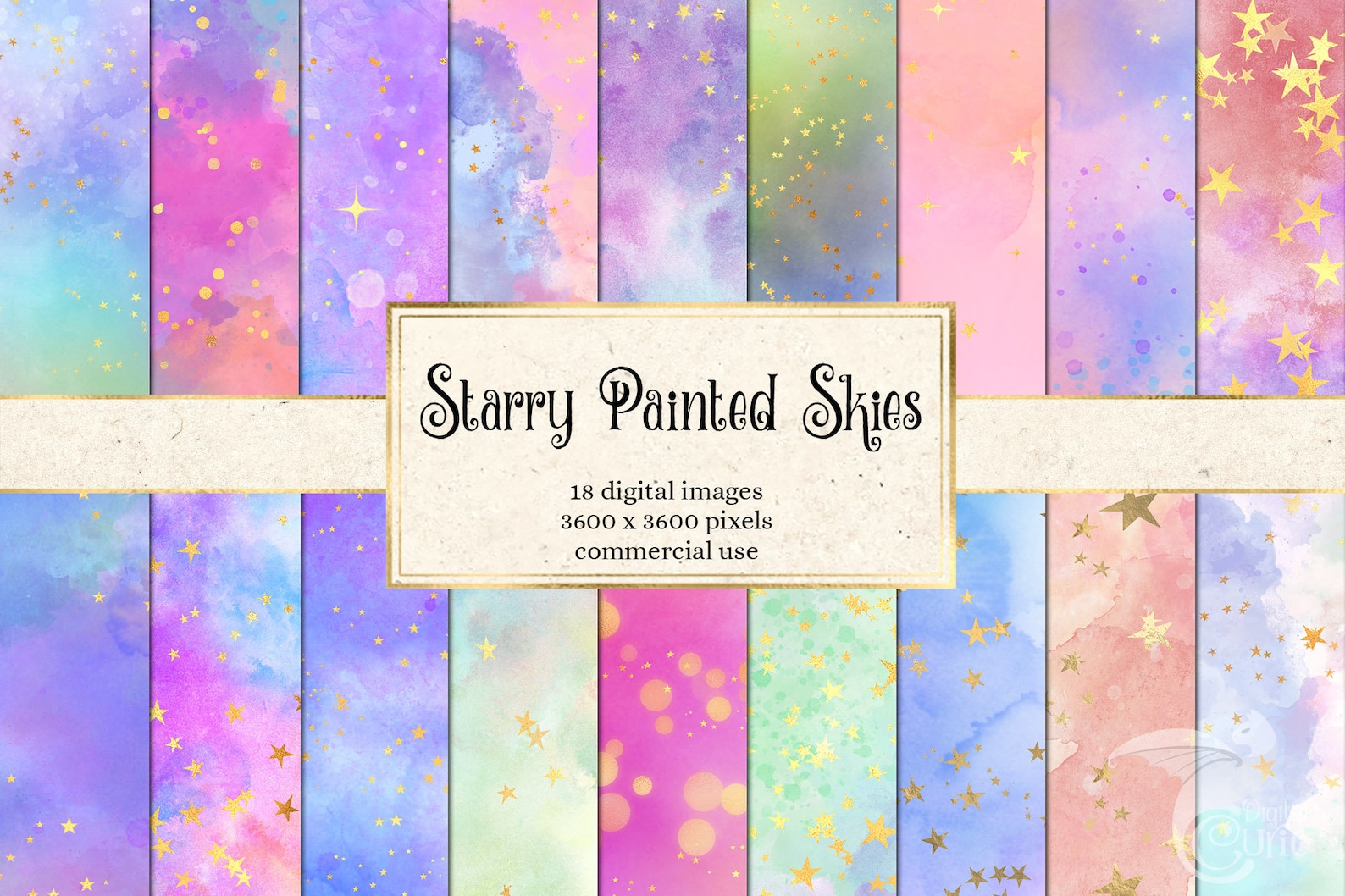 Starry Painted Skies Digital Paper Gold Stars and Watercolor - Etsy