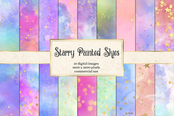 Starry Painted Skies Digital Paper Gold Stars and Watercolor | Etsy ...