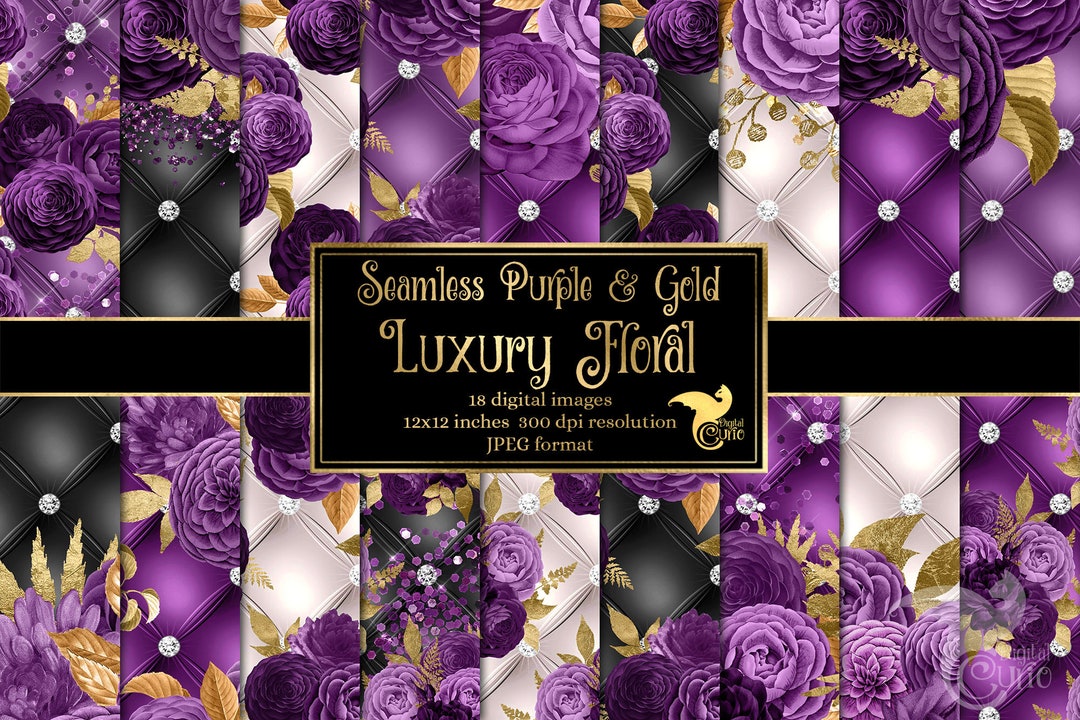 Purple and Gold Luxury Floral Digital Paper - Seamless Tufted Diamond ...
