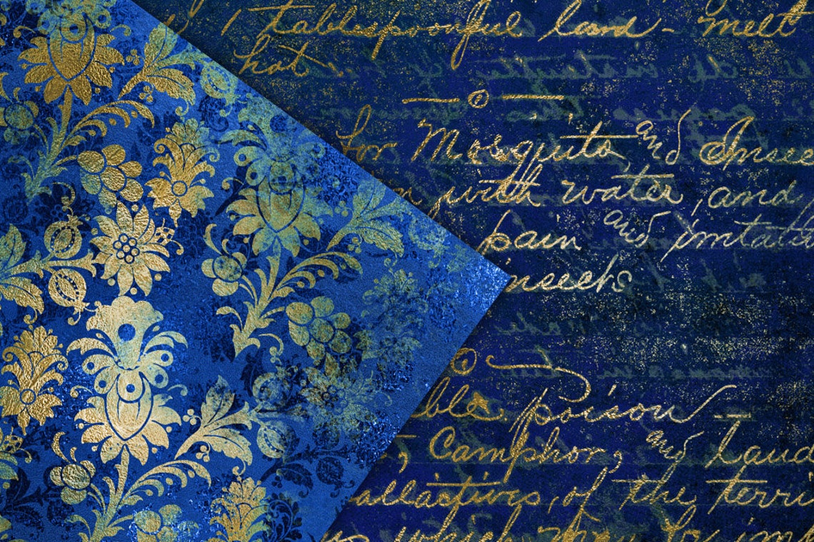 Distressed Blue and Gold Digital Paper Gold Foil Patterns | Etsy