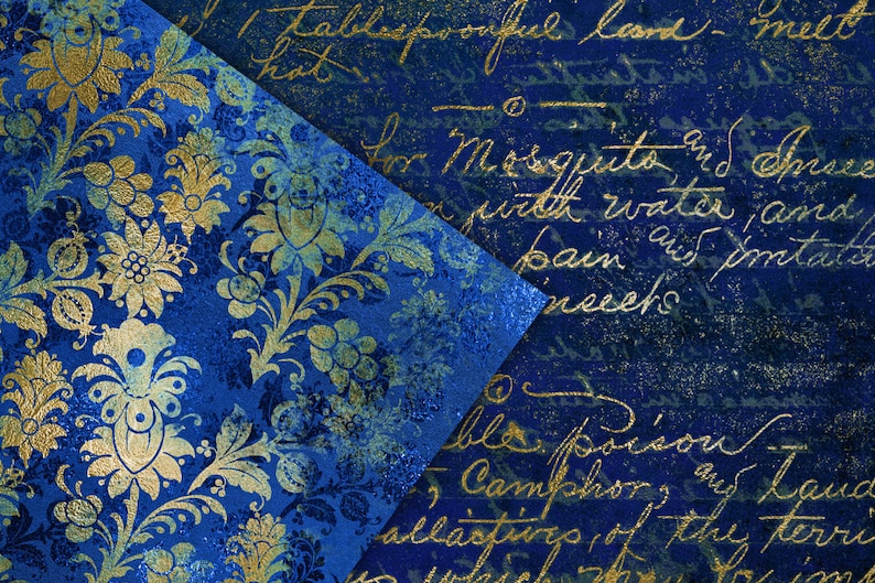 Blue and Gold Damask Digital Paper, Vintage Textures (digital Download ...