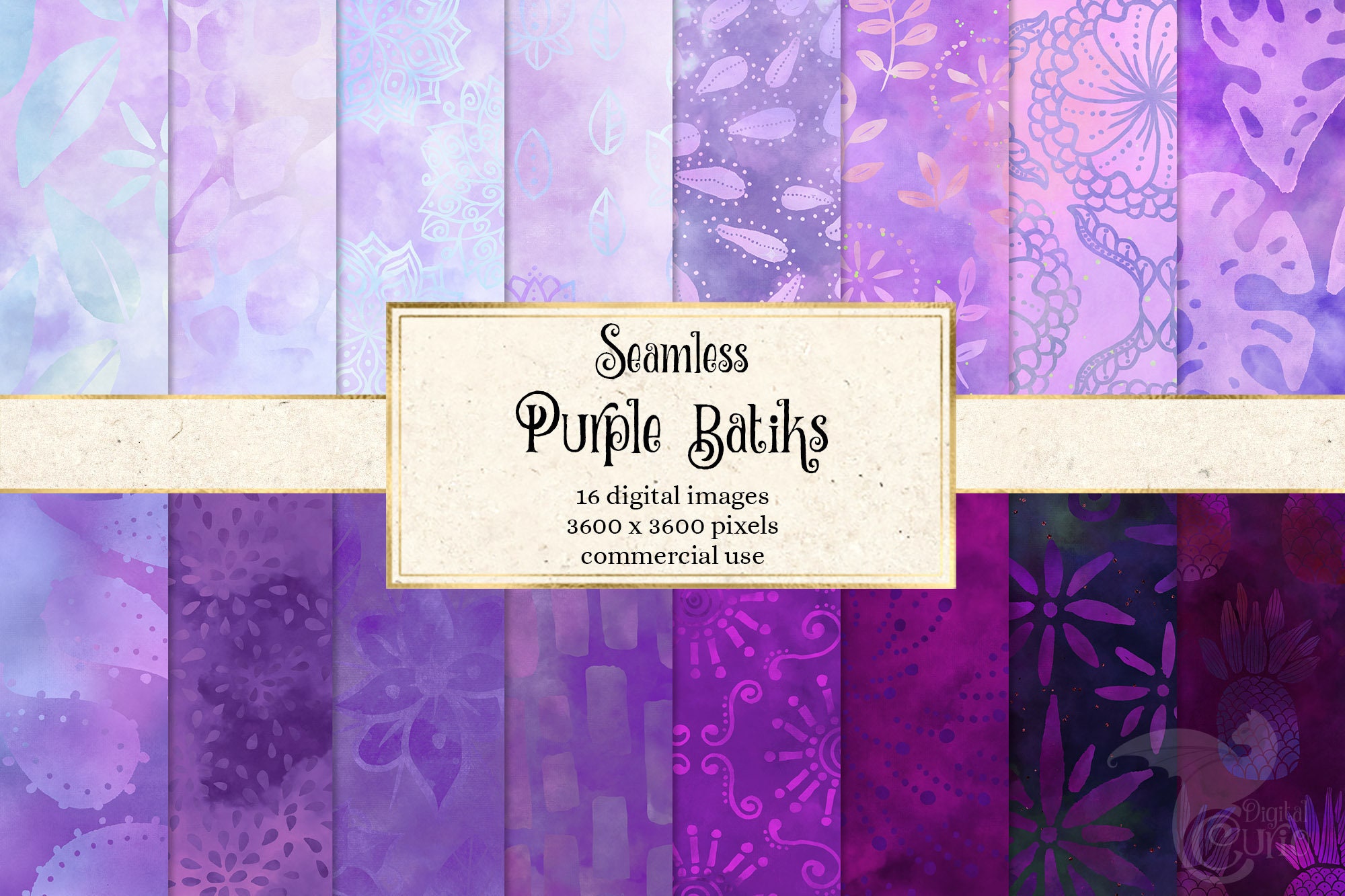 Purple Batik Digital Paper - Hand Drawn Seamless Patterns Instant ...