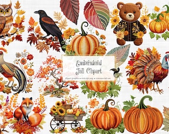 Embroidered Fall Animal Clipart - Autumn Cute Embroidery PNG Format ...