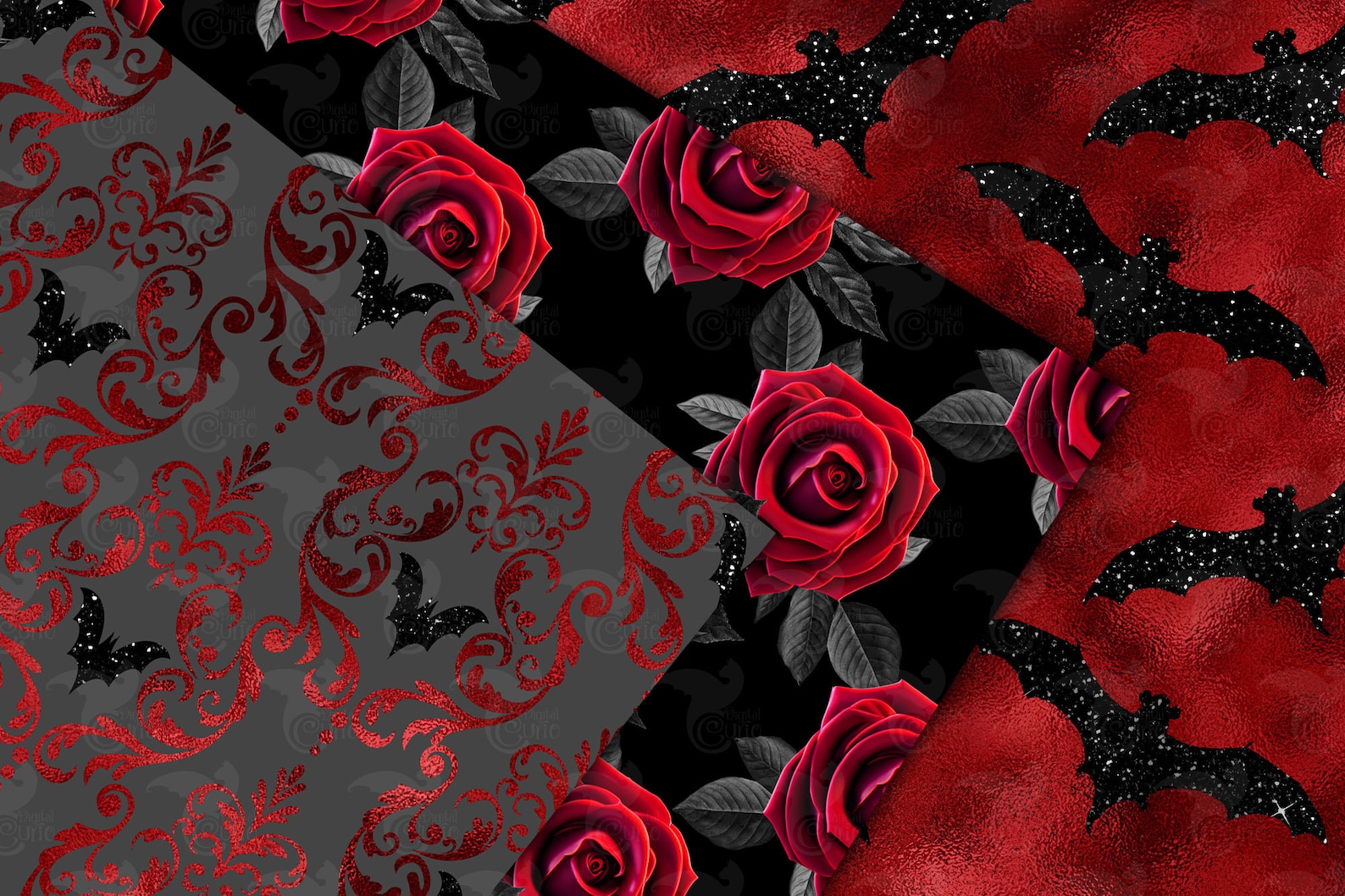 Vampire Digital Paper Pack, Gothic Damask, Rose, Seamless Halloween ...