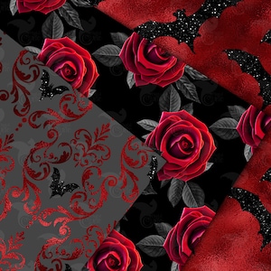 Vampire Digital Paper Pack, Gothic Damask, Rose, Seamless Halloween ...