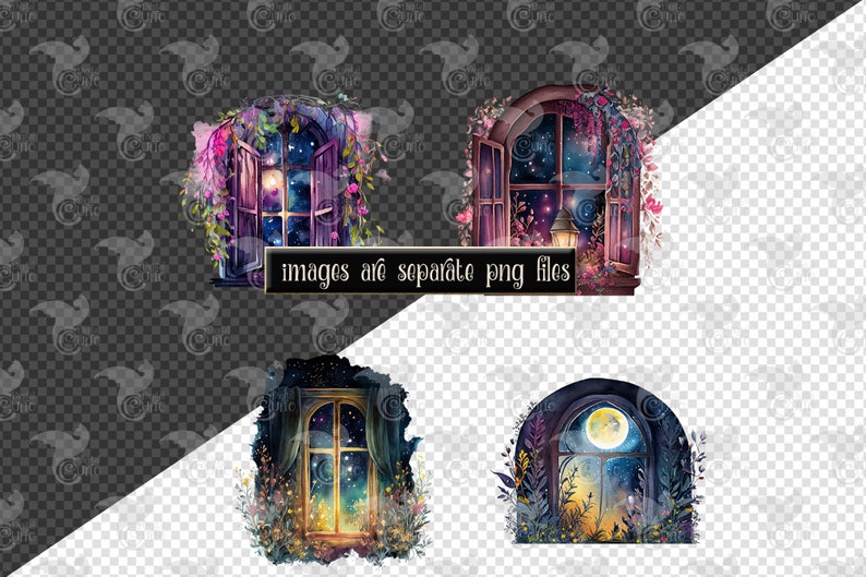 Watercolor Night Windows Clipart Floral Fantasy Cottage - Etsy