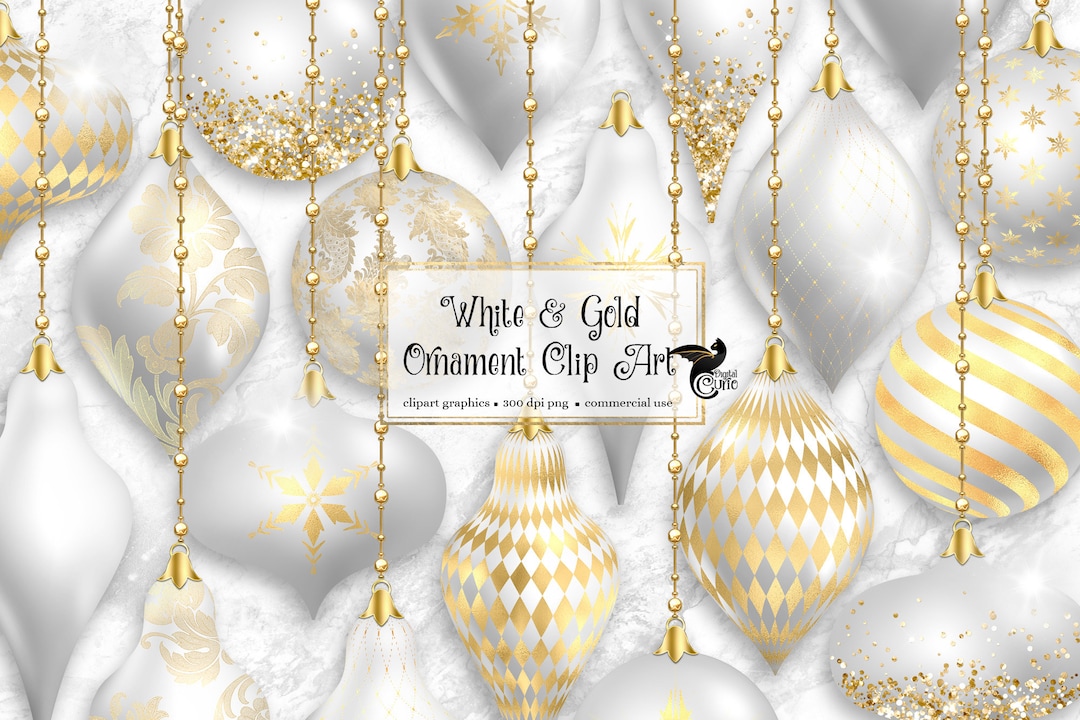 White and Gold Christmas Ornaments Clipart, Digital Glitter Christmas ...