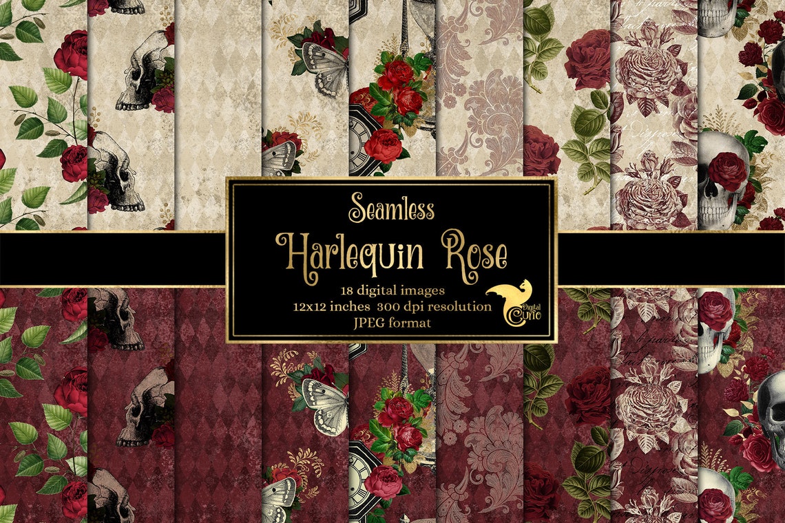 Harlequin Rose Digital Paper - Seamless Vintage Distressed Flower and ...