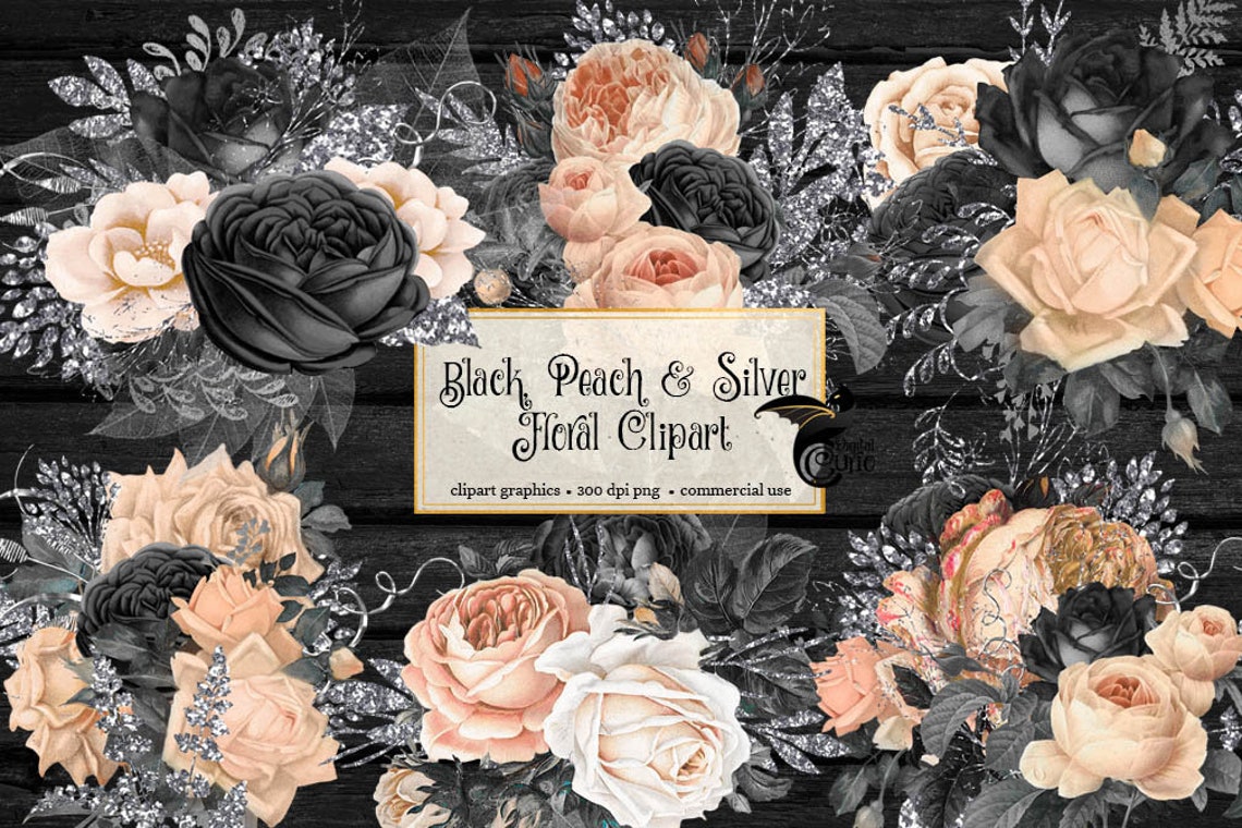 Black Peach and Silver Floral Clipart Vintage Flower Clip Art - Etsy