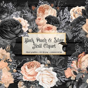 Black Peach and Silver Floral Clipart, Vintage Flower Clip Art Silver ...