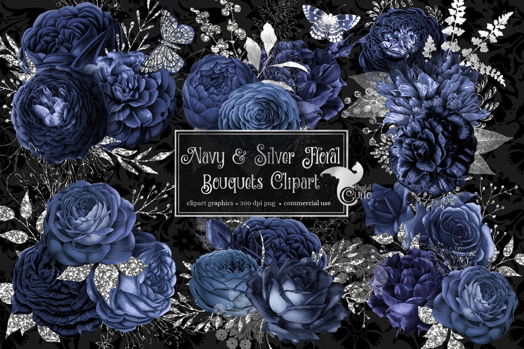 Navy and Silver Floral Clipart, Rustic Watercolor Flowers (PNG Digital ...