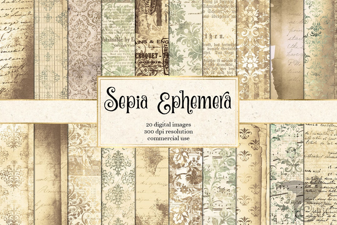 Sepia Ephemera Digital Paper, Instant Download Vintage Scrapbook Paper ...