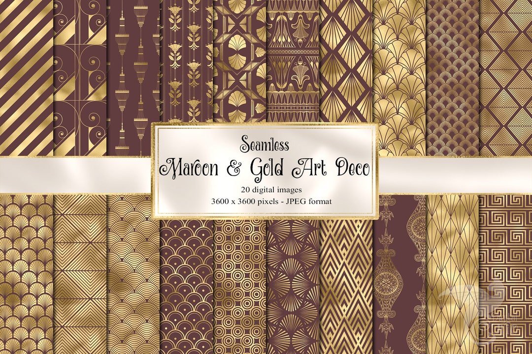 Maroon and Gold Art Deco Digital Paper, Seamless Retro Art Deco ...