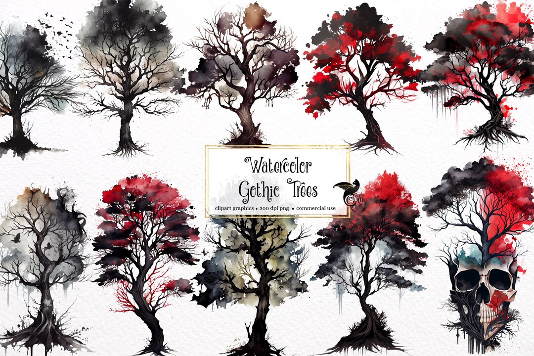 Watercolor Gothic Trees Clipart Dark Fantasy Watercolor Woodland PNG ...