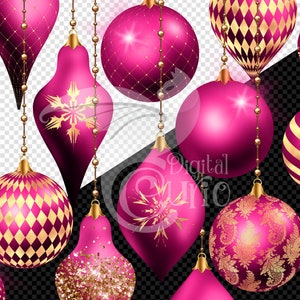 Hot Pink and Gold Christmas Ornaments Clipart, Digital Glitter ...